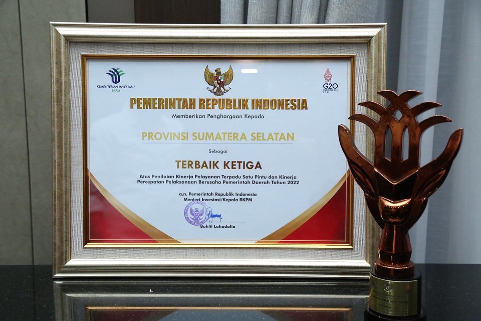 Pemprov Sumsel Diganjar Anugerah Layanan Investasi Tahun 2022